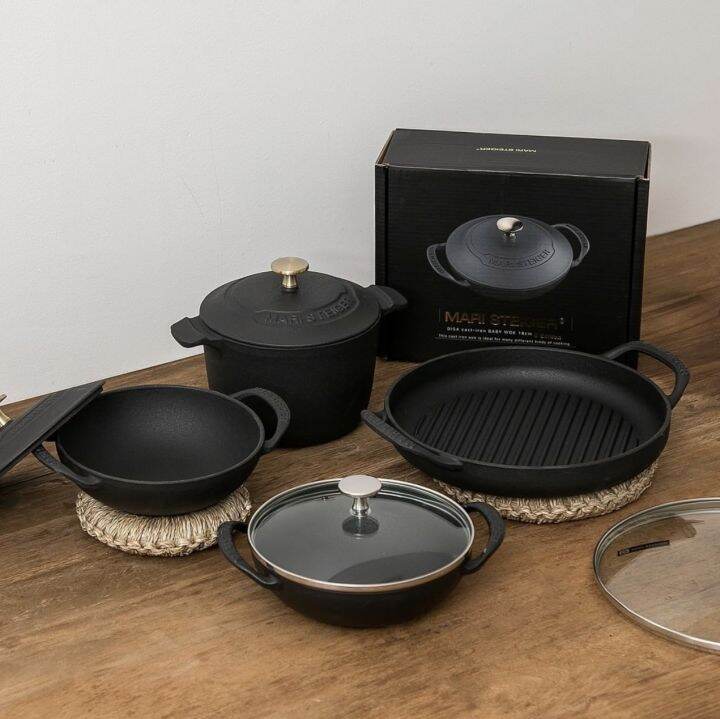 MARI STEIGER Cast Iron Baby Wok Rice Cocote Grill Pan Lid Collection ...