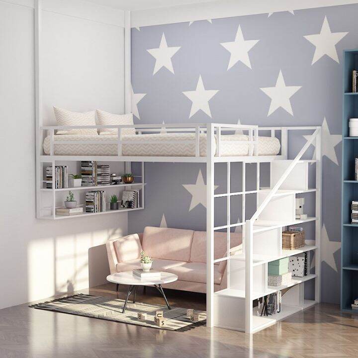 Nordic wrought iron bed and table elevated sheets upper attic bed small apartment space-saving ...
