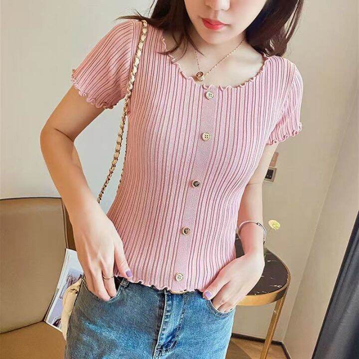 HGFG เสื้อยืดผู้หญิงผู้หญิงแขนสั้นผ้าถักลายผู้หญิงแขนสั้น,กระดุมไม้ ...