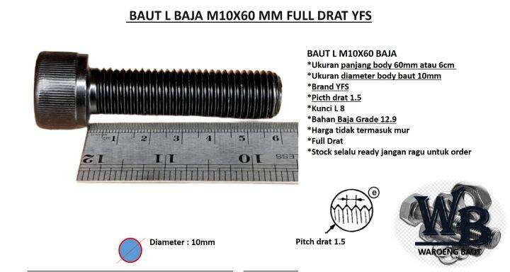 BAUT M10X60MM BAJA FULL DRAT/ BAUT L BAJA M10X60 MM FULL DRAT YFS / L BAJA M10 X 60 12.9 PANJANG ...