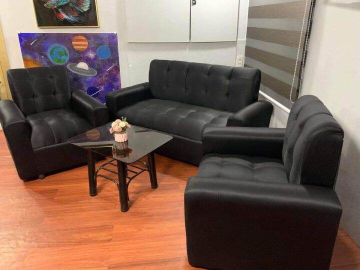 sala set ambassador black fabric with glass table uratex foam cod ...