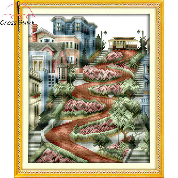 งานปักครอสติสครบชุดพร้อมลายกลางคืนปลาเล่นด้วยดอกบัวความสุขวันอาทิตย์ประทับนับผ้าพิมพ์ Aida ผ้า ...