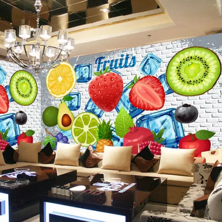 Self adhesive Custom 3D Brick Wall Lemon Strawberry Fruit Shop ...