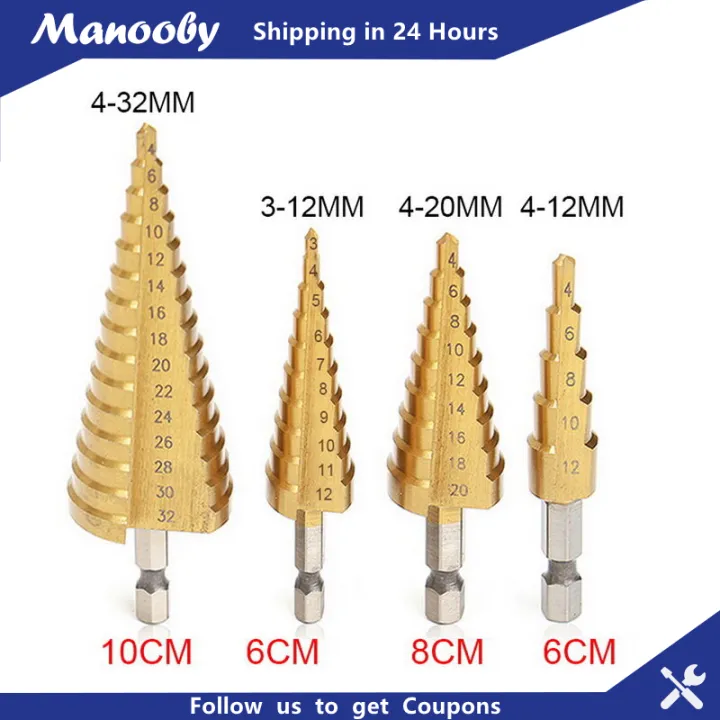 Manooby 3Pcs 3-12mm 4-12mm 4-20mm HSS Straight Groove Step Drill Bit Set Titanium Coated Wood ...