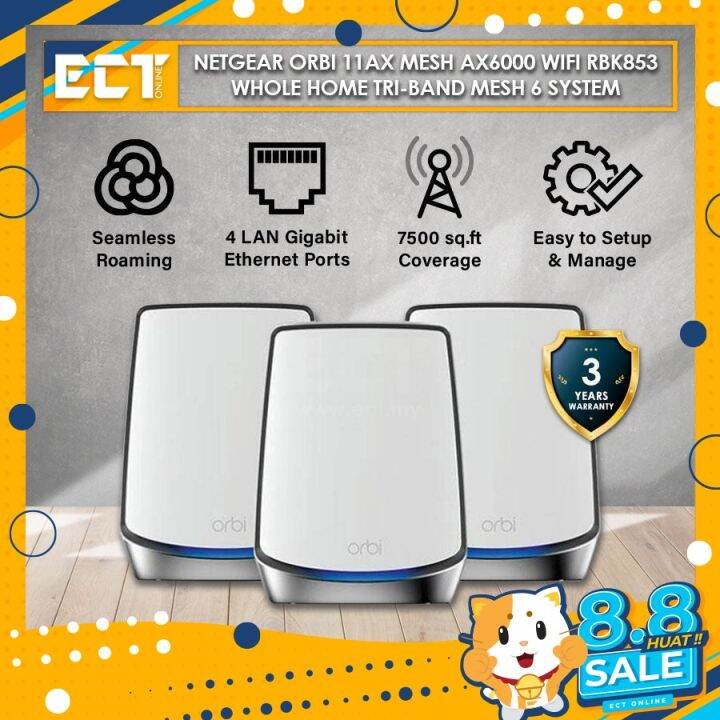 Netgear Orbi 11AX Mesh AX6000 WiFi RBK853 Whole Home Tri-Band Mesh 6 ...