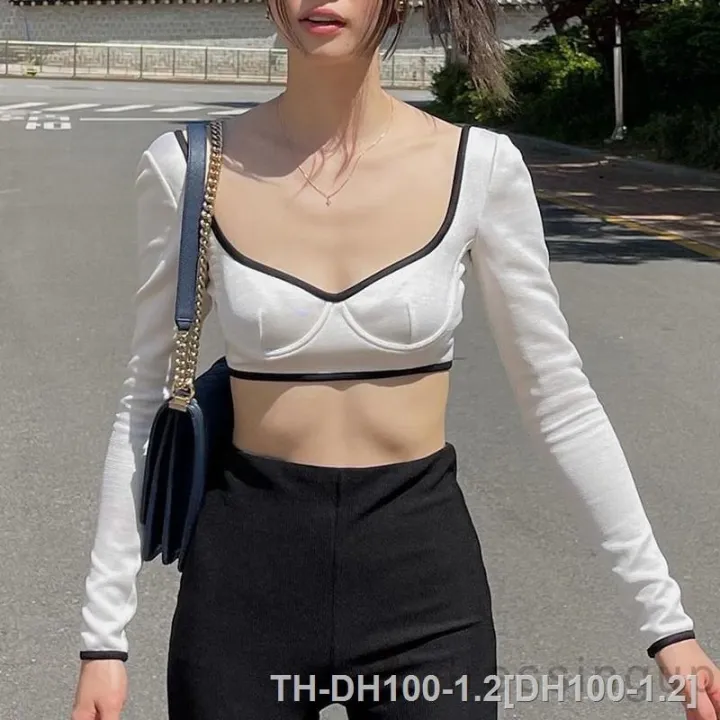 DH100-1.2 Dre-เสื้อครอปแขนยาวคอวีสีคมชัดสําหรับผู้หญิง | Lazada.co.th