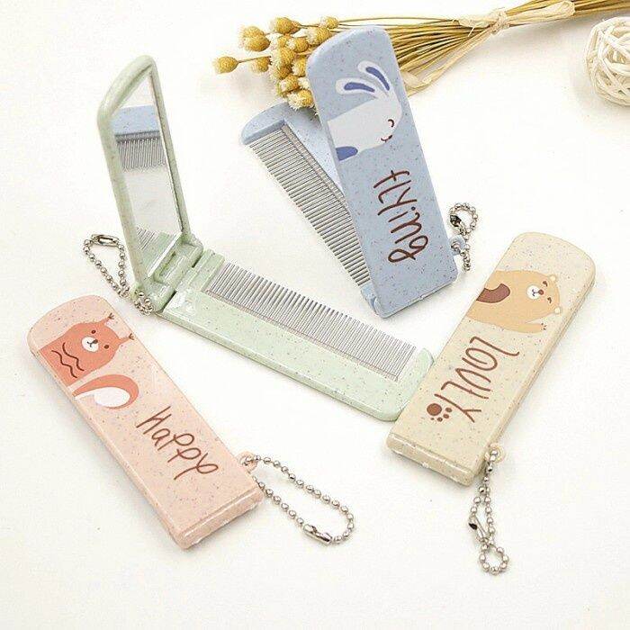 Cute Animal Pattern Comb Cosmetic Mirror Small Portable Foldable Comb ...