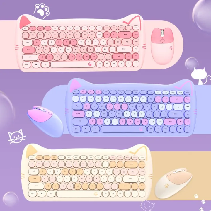 MOFII Kawaii Cat 2.4G Wireless Keyboard and Mouse Set Cute Lipstick ...