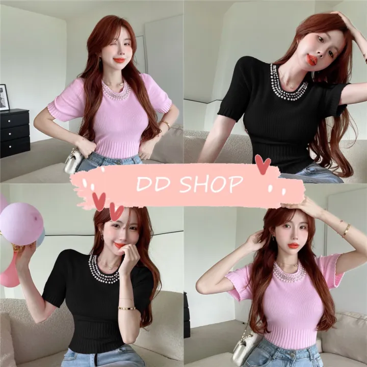 DD SHOP'พร้อมส่ง' 85100 เสื้อไหมพรมคอกลมแขนสั้น ดีเทลมุกข้างหน้าตรงคอเก๋ๆ | Lazada.co.th