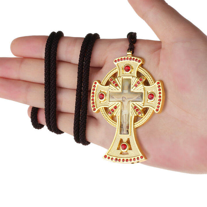 Crucifix Jesus Cross Icon Pendant Necklace Rhinestone Braided Rope ...