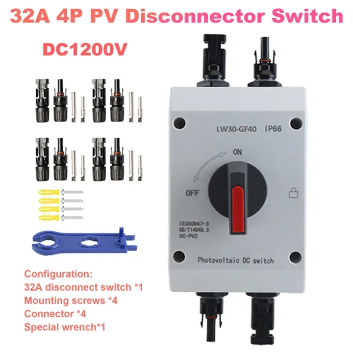 32A 4P PV Disconnector Switch+Connector+Wrench DC1200V GF40 Outdoor IP66 Waterproof Diverter ...