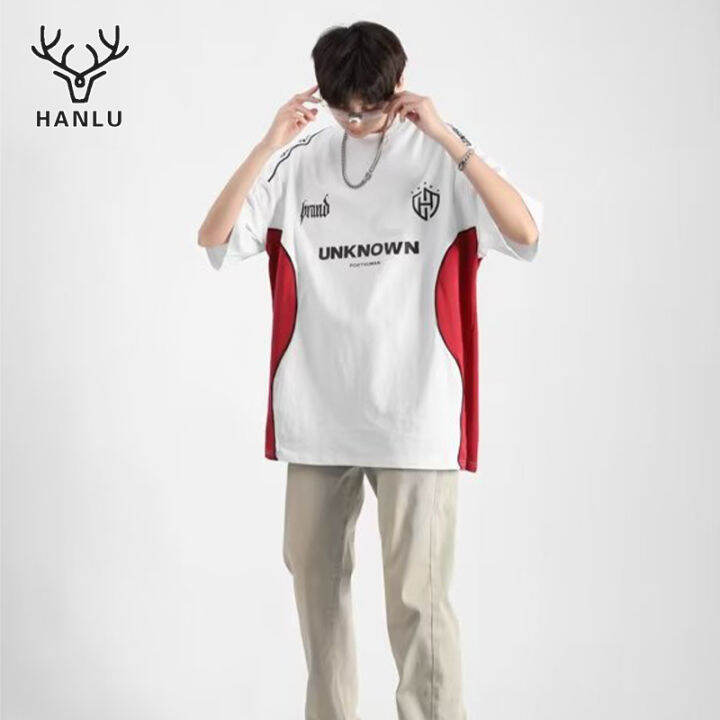 Hanlu เสื้อยืดแฟชั่นของผู้ชายคอกลมทรงหลวมเรียบง่ายแขนสั้นพิมพ์ลายตัว ...