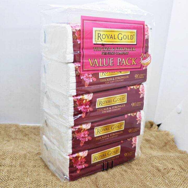 Royal Gold 3ply 100% Pulp Tissue (90’s Sheets x 5 Packets) Thicker and Stronger 纸巾Travel Pack ...