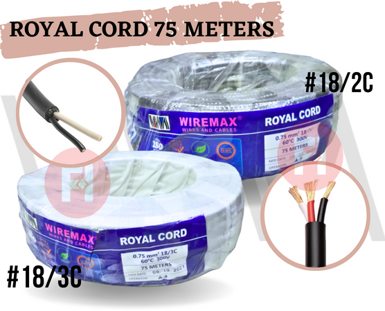 WIREMAX Electrical Royal Cord #18/2C and #18/3C (0.75mm²) 75 meters 100% Pure Copper High ...