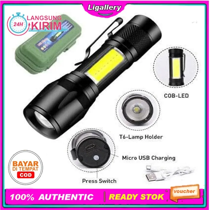 Senter Mini XPE COB Senter Swat Usb Recharger Zoom Senter Led Penerangan Free Pakai Kotak ...