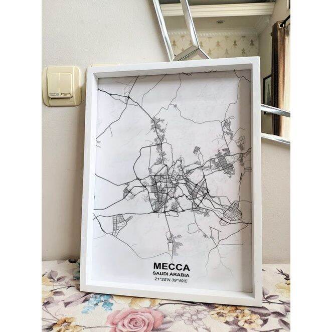Hiasan dinding wooden poster lukisan pajangan map peta kota mekkah ...