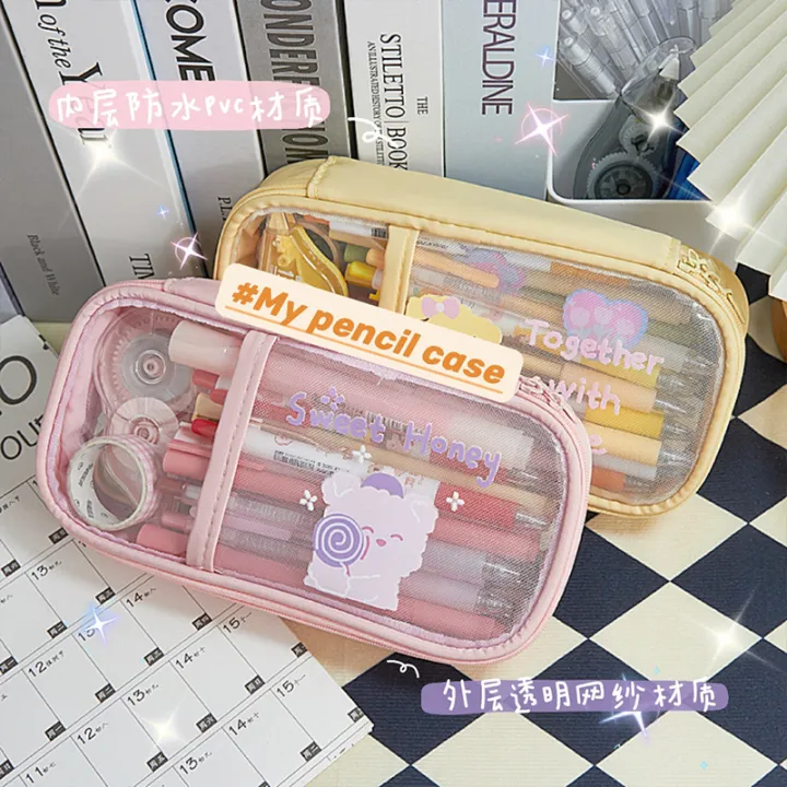 Fancha Store ตาข่ายปากกาเคสใสกระเป๋าถือนักเรียนน่ารักความจุขนาดใหญ่ ...
