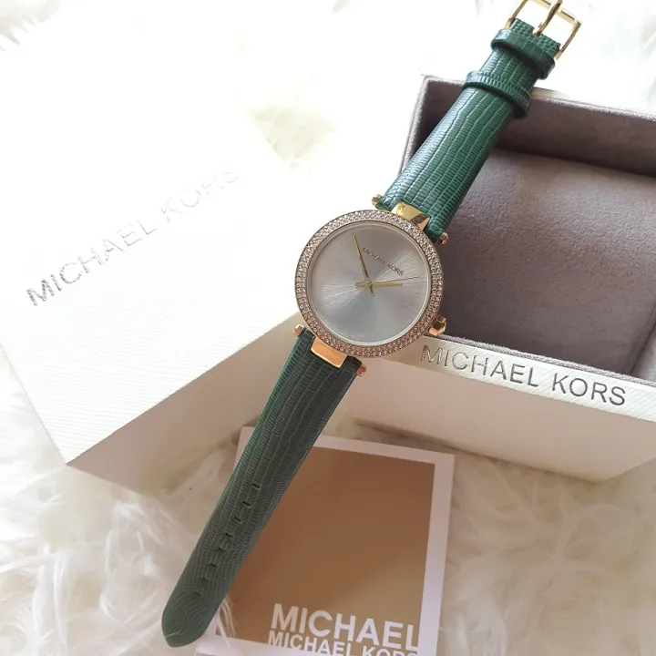 Michael Kors Green Metallic Mini Parker Pave White Dial Leather Watch ...