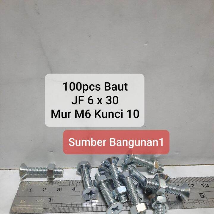 [100pcs] Baut JF 6 x 30 putih 3cm Mur M6 kepala rata sekrup skrup 6mm | Lazada Indonesia