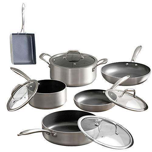 IRIS OHYAMA frying pan pot 10-piece set 26 cm 20 cm IH compatible diamond grace silver KITCHEN ...
