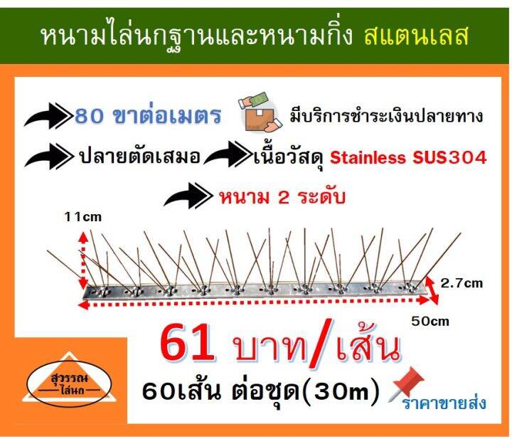 หนามกันนก หนามไล่นก หนามกันนกชนิดสเเตนเลสล้วน 100 % bird spike ชนิด 80 ...