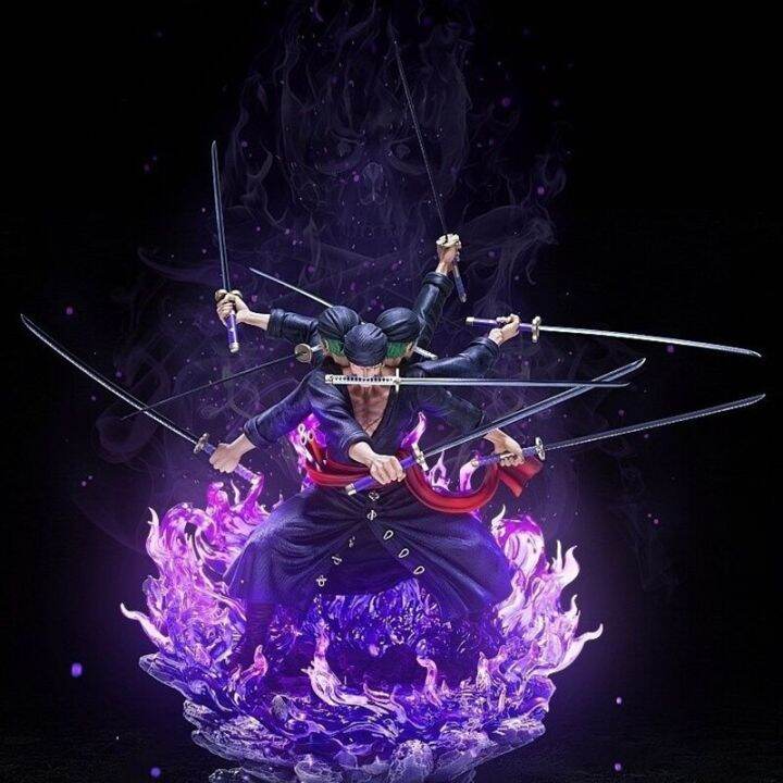 Roronoa Zoro Wano หนึ่งชิ้น42ซม สามหัวคันทรีและ6แขนเก้ามีดไหลชูร่าหุ่นพีวีซีตุ๊กตาคริสต์มาสกวาง