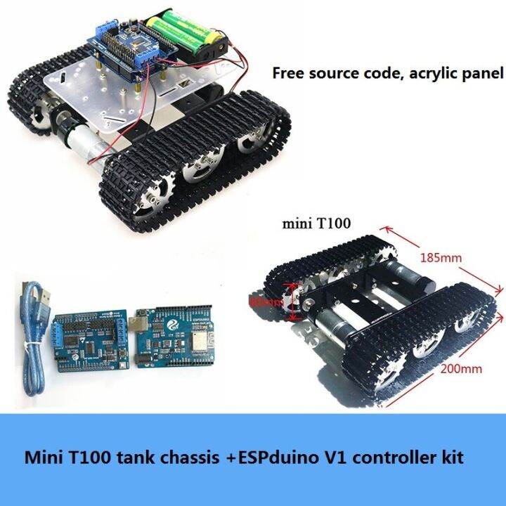 Wifi Wireless Control Mini T100 Metal Rc Robot Tank Chassis Kit Espduino V1 Controller Kit 
