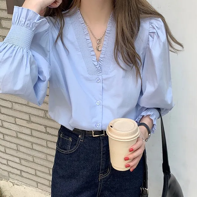 Cerulean blouse(Z042)พร้อมส่ง เสื้อเชิ้ตหญิง เสื้อคอวีแขนจั๊ม | Lazada.co.th