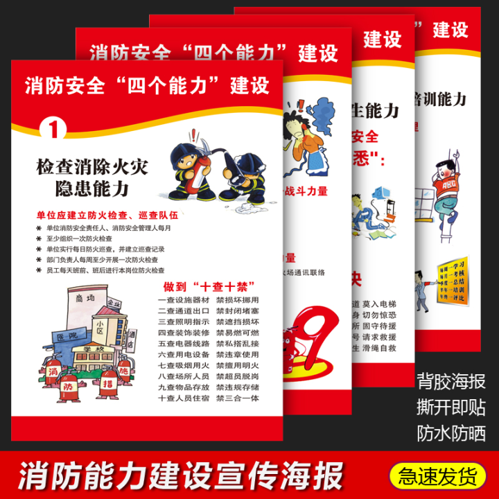 Fire safety posters four capacity-building slogans instructions on the ...