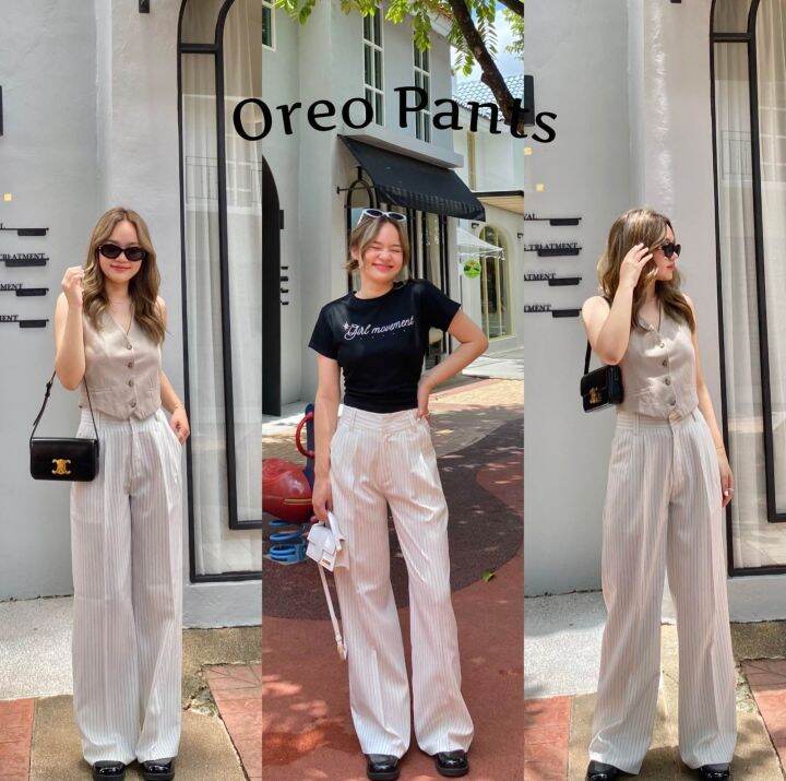 Oreo pants 🍪 กางเกงขายาวทรงกระบอกลายทางสีขาว | Lazada.co.th