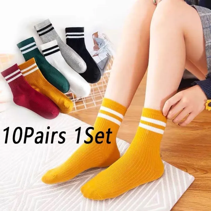 Poposy 10Pairs Socks Mid Cut Sock Mid High Ankle Stripe Plain Socks ...