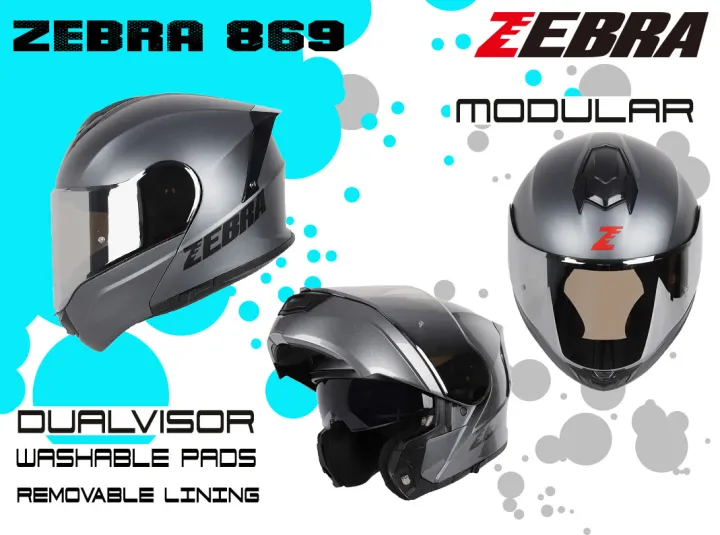 zebra 869 Motorcycle Helmet Modular dual visor wide angle vision Plain ...