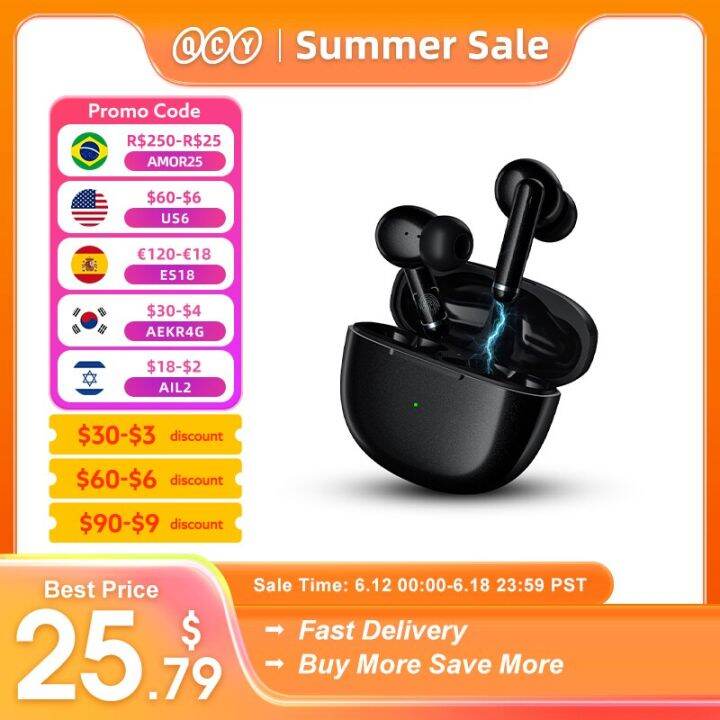 QCY HT03 ANC Bluetooth Wireless Earphones Hybrid 40dB Noise Canceling TWS Earbuds 6 Mic ENC HD ...