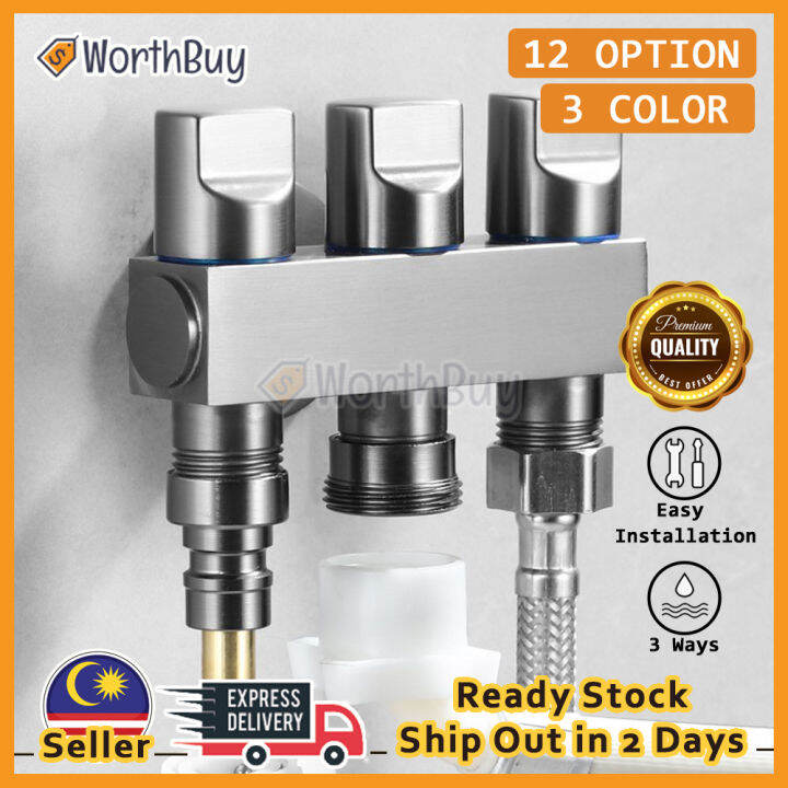 Worthbuy 3-Ways Copper Angle Tap Valve Sink Bidet Tap Paip Air Washing ...