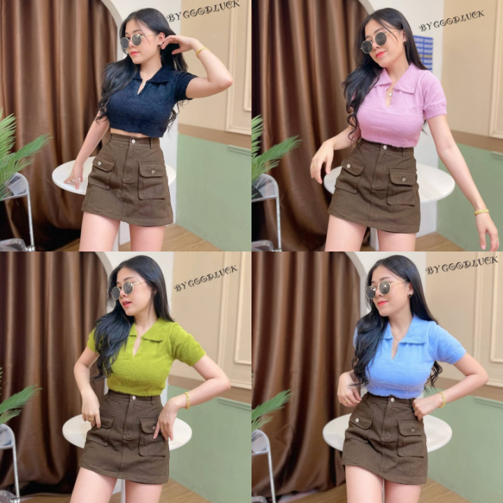 🌈MesubShop🌈 เสื้อครอป โปโล คอปก ผ้าขนฟู🧡💚ครอปท็อปทรงคอปก น่ารักมาก ทรงแขนสั้น ทรงเป๊ะ 😍 รุ่น กระ ...