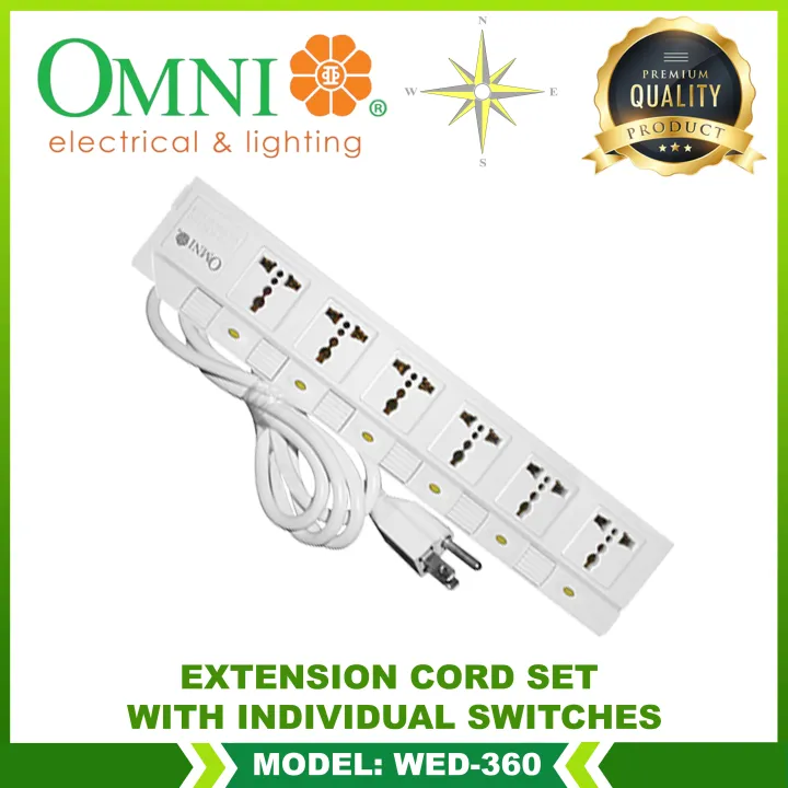 Omni Extension Cord Set w/ Individual Switches 6 Gang 1.83 Meter Cord ...