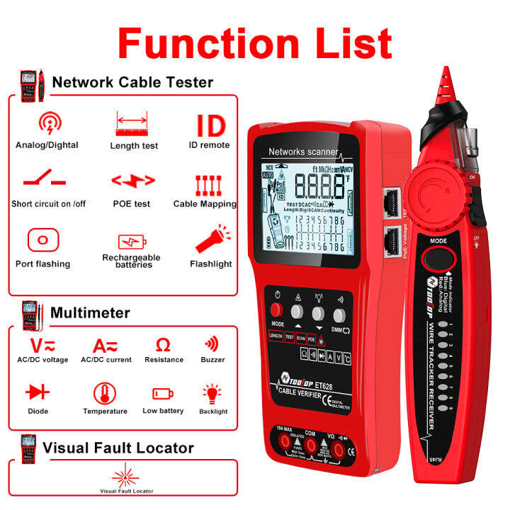TOOLTOP 3 in 1 Network Cable Tester + Multimeter + Red Light Pen 600M ...