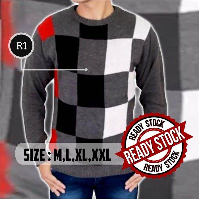 R1 - Rompi Rajut Motif Kotak Abu Hitam Merah Putih | Rompi Rajut Pria ...