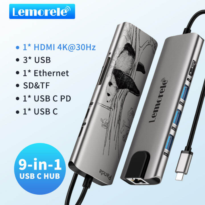 Lemorele USB C Hub 9 in 1 Gbps Ethernet 4K HDMI 100W PD 3 USB-A SD/TF USB C data USB C adapter ...