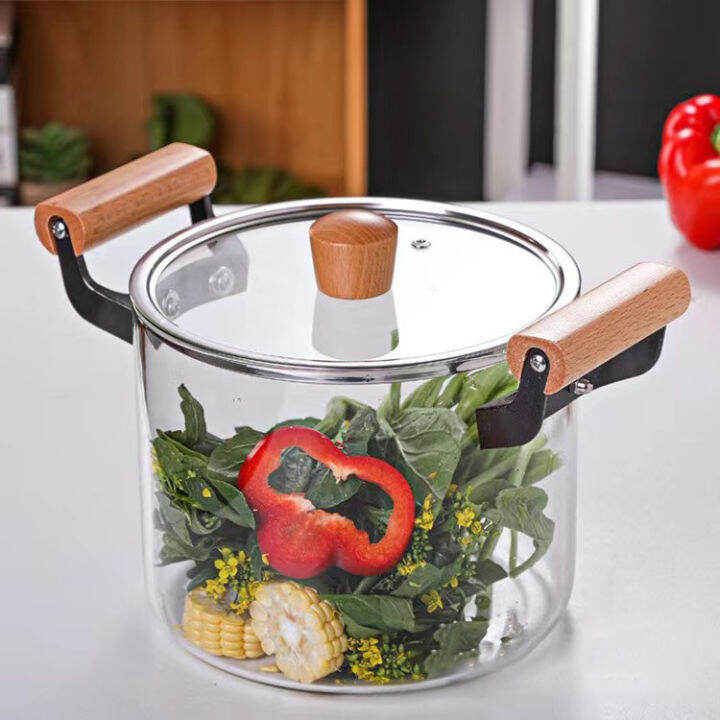 GLASS COOKING POT WITH WOODEN HANDLE / GLASS POTS / HEATPROOF COOKWARE ...