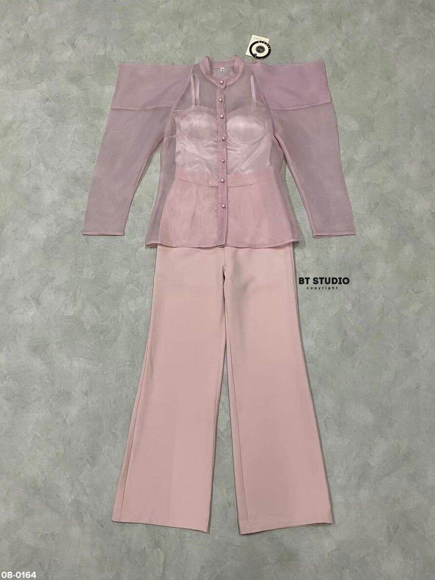 งานป้าย BT-Studio set 3ชิ้นเสื้อเชิ้ตชีฟองแต่งแขนตั้งกระดุมหน้า มาพร้อมเสื้อครอปสายเดี่ยว ...