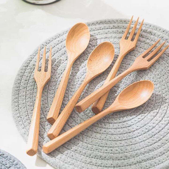Wood Tableware Spoon Fork Butter Knife Honey Soup Dessert Wooden ...