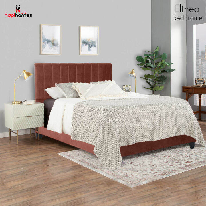 Hapihomes Elthea Upholstered Bed Frame 60x75 (Queen Size) (Velvet Brown ...