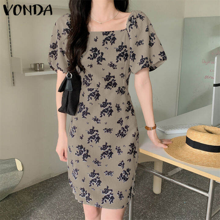 Vonda Women Casual Square Neck Puff Sleeves Short Sleeves Floral Print