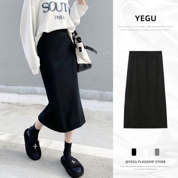 YEGU กระโปรงถักสีดำกระโปรงยาวปานกลางกระโปรงเอวสูงทำด้วยผ้าขนสัตว์ A ...