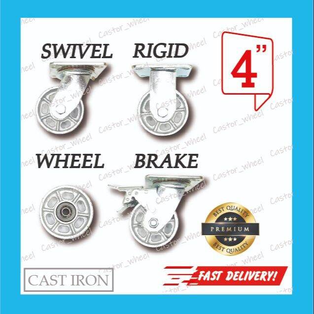 4'' (100mm) EXTRA HEAVY DUTY CAST IRON SWIVEL/RIGID/BRAKE CASTOR/CASTER ...