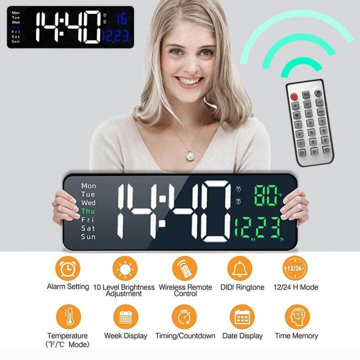 Large Digital Wall Clock Remote Control LED Clocks Temp Date Week ...