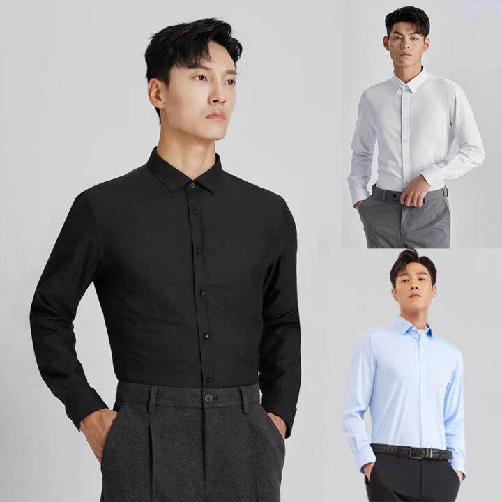 Black long sleeve polo shirt for men plain formal shirt work shirt classic man Korean men's ...