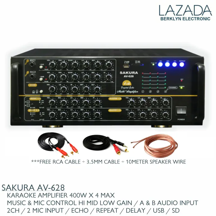 Sakura AV-628 Karaoke Amplifier / USB SD MP3 / 400w x 4ch / 10 Meter Speaker Wire #16 / 3.5mm ...