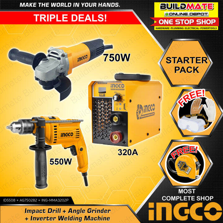 [COMBO D] INGCO Angle Grinder + Impact Drill + 320A IGBT Inverter Welding Machine +FREE INGCO ...